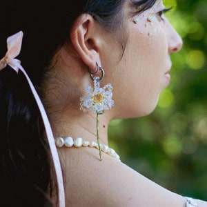 Crystal Daisy Flower Mismatched Hoop Earrings, Long Beaded Daisy ...