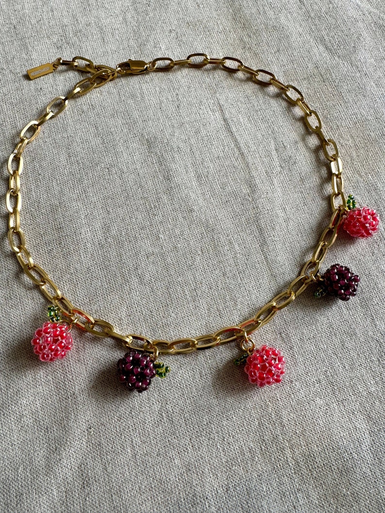 Fruit and Berries Charm Choker Necklace, Paperclip Chain With Beaded ...