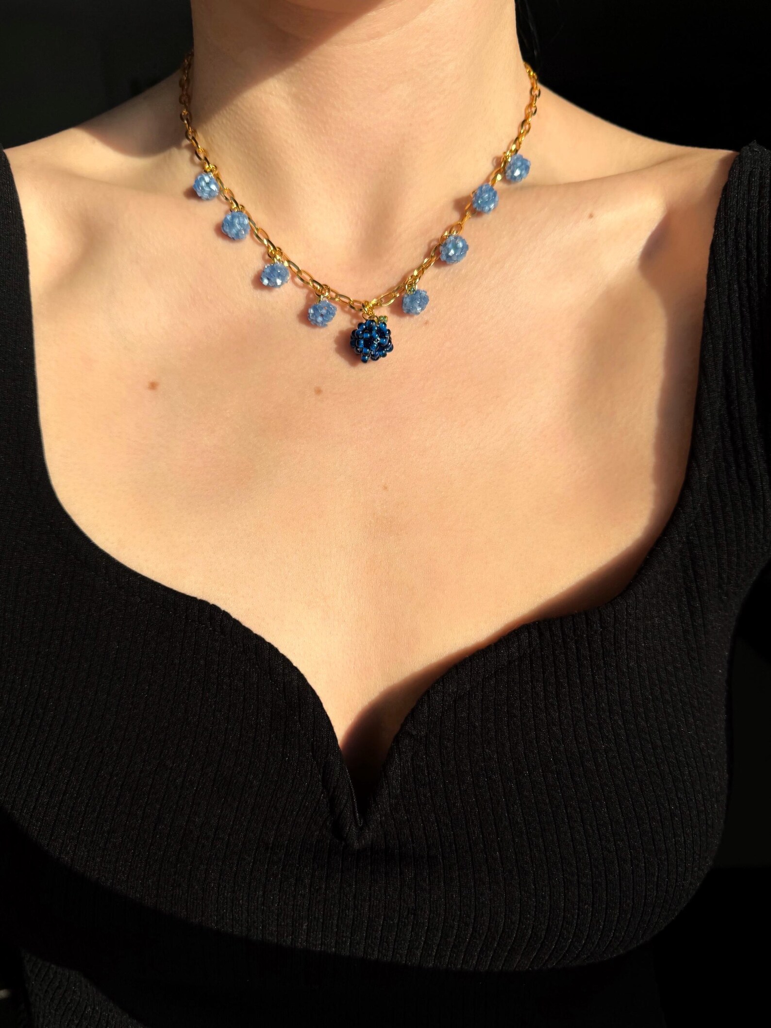 Beaded Blueberry Charm Necklace, Gold Chain With Beaded Handmade ...