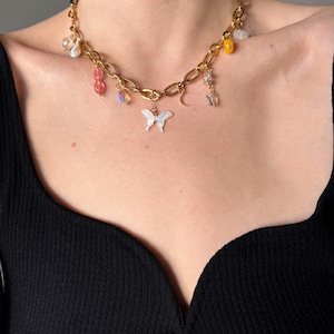 Chunky Multi Charm Choker Necklace, Chain Link Statement Necklace With ...