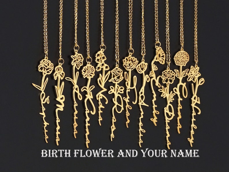 14k Solid Gold Birth Flower With Name Necklace Birth Flower - Etsy