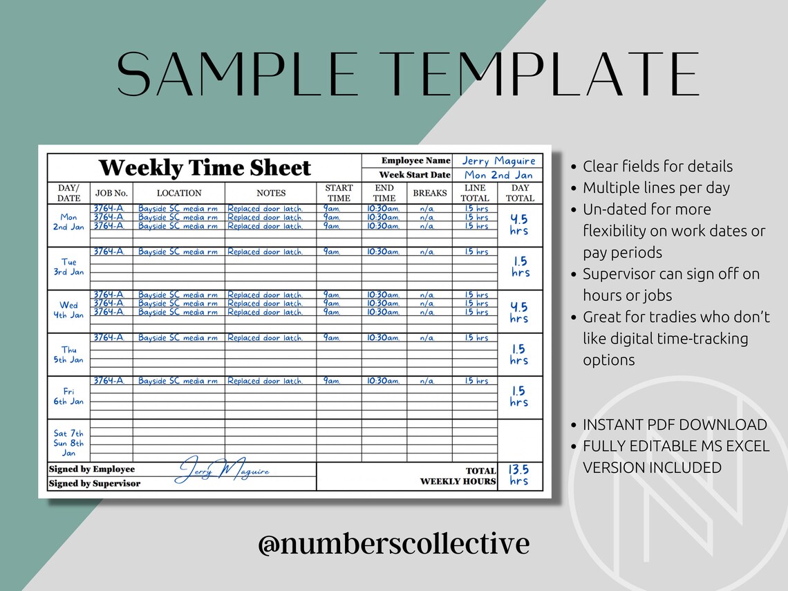 Weekly Time Sheet Template for Small Business A4 Printable - Etsy