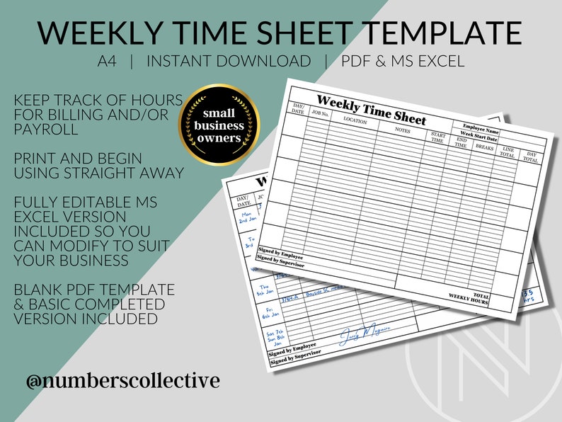 Weekly Time Sheet Template for Small Business A4 Printable - Etsy