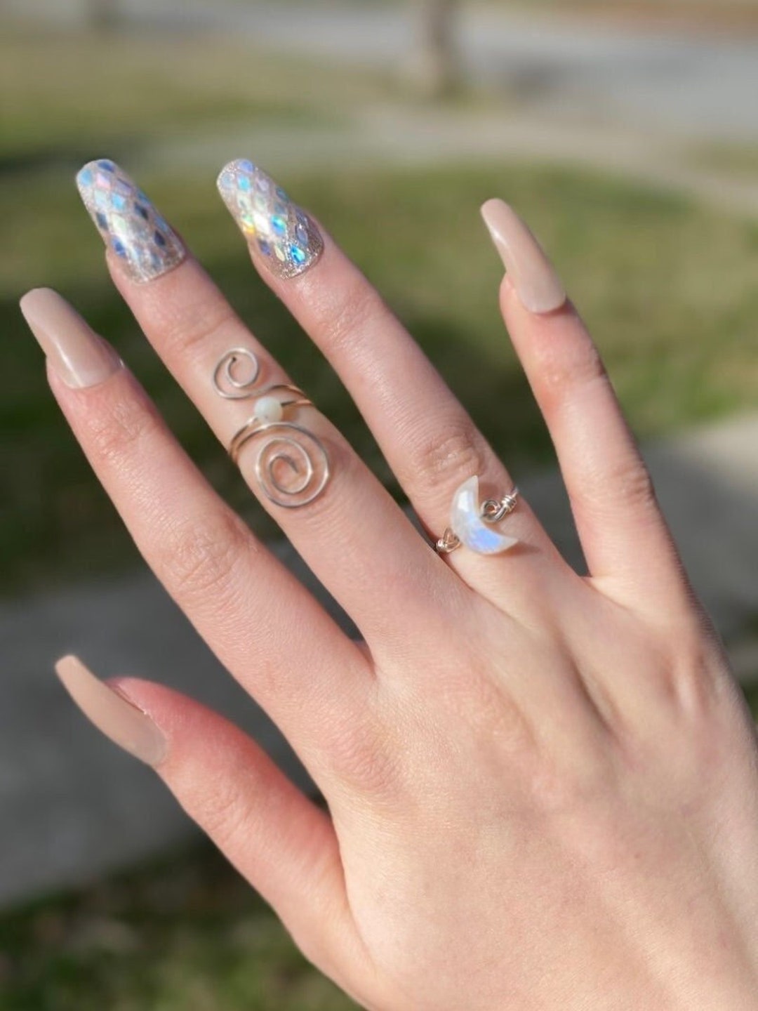 Rainbow Moonstone Crescent Moon Ring, Natural Moonstone Crystal Ring ...