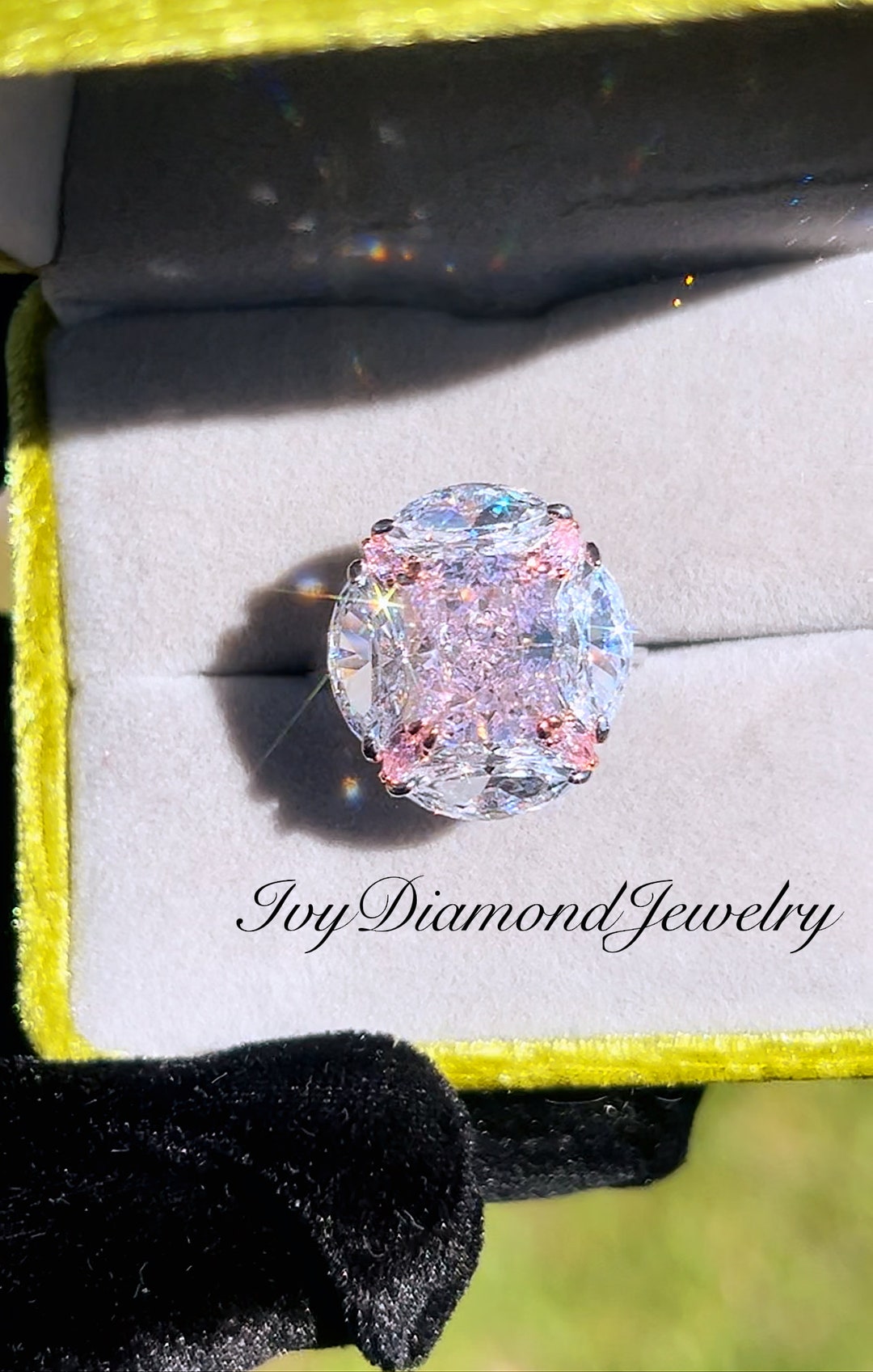 Pink Diamond Square Engagement Ring for Women, Halo White Diamond Oval ...