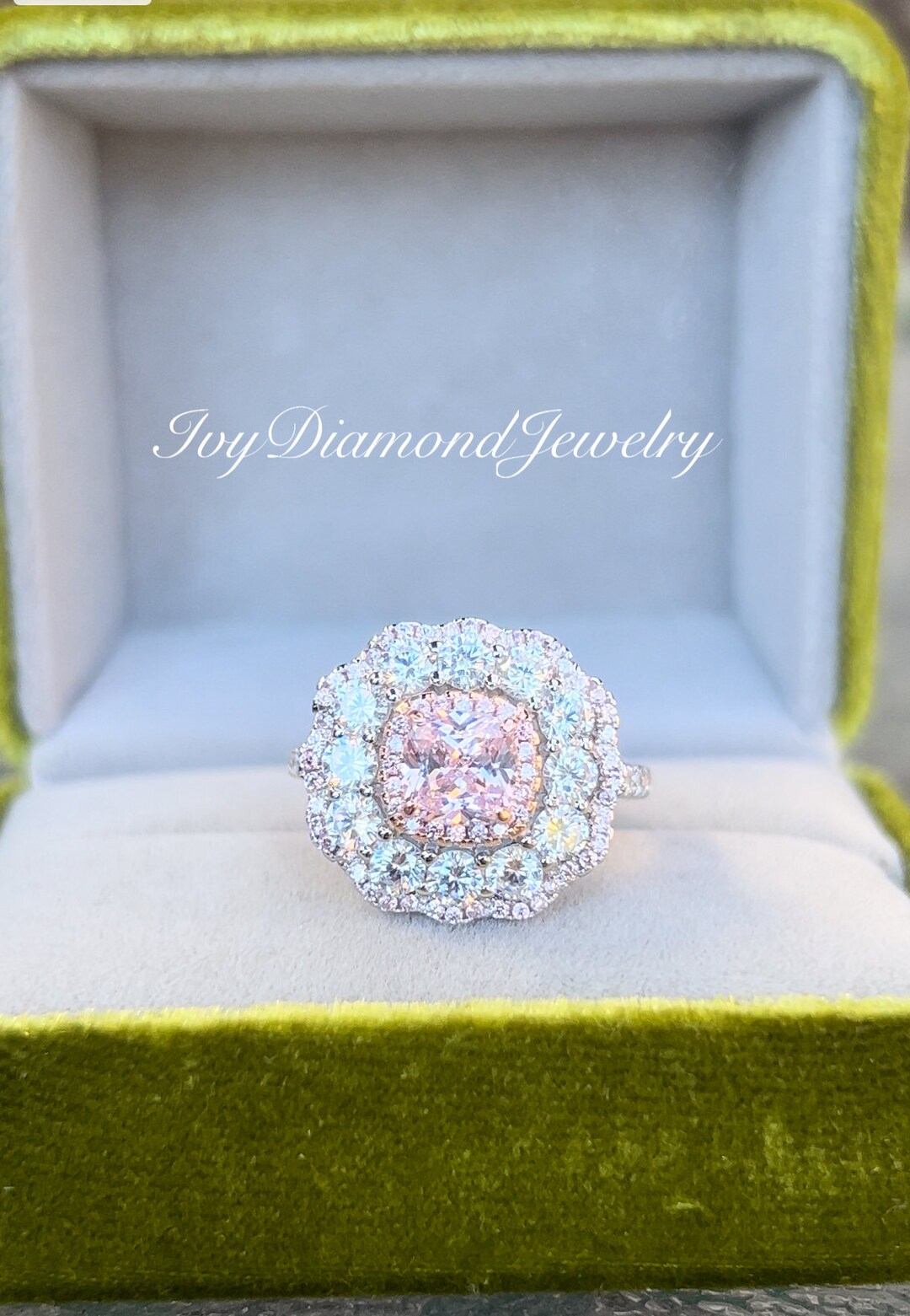 Pink Diamond Square Cut Double Halo Engagement Ring for Women, Fancy ...
