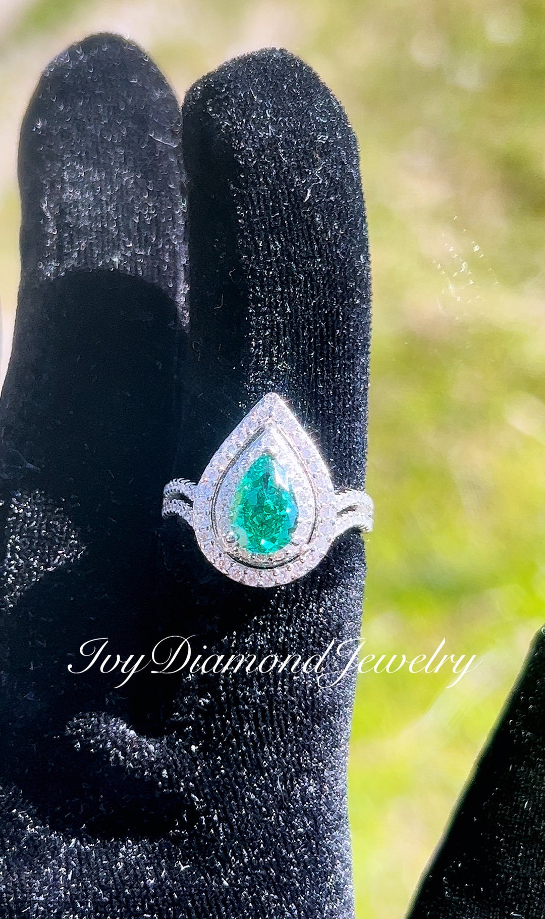 Pear Cut Emerald Green Engagement Ring for Women, Double Halo White ...