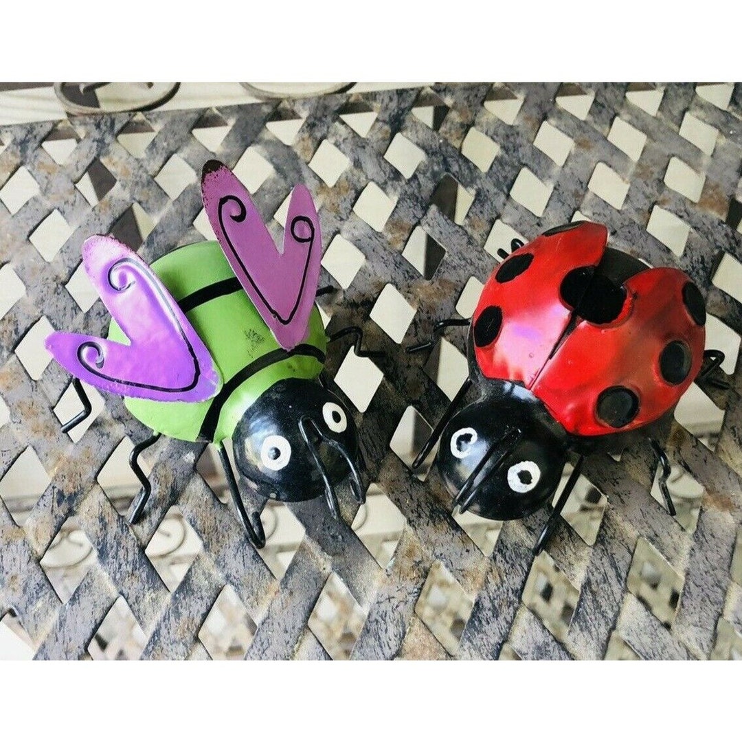 Two Metal Insects Blk Red Ladybug & Green/purple Wings Pot Hangers ...