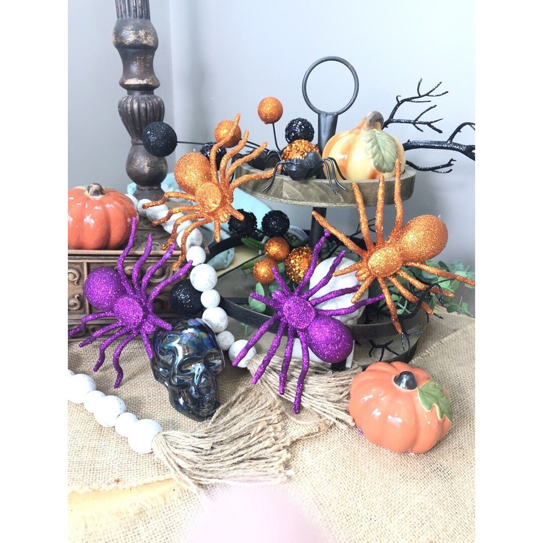 Set of 4 Small Spiders 2 Purple & 2 Orange Glitter Tarantula Spiders 6 ...