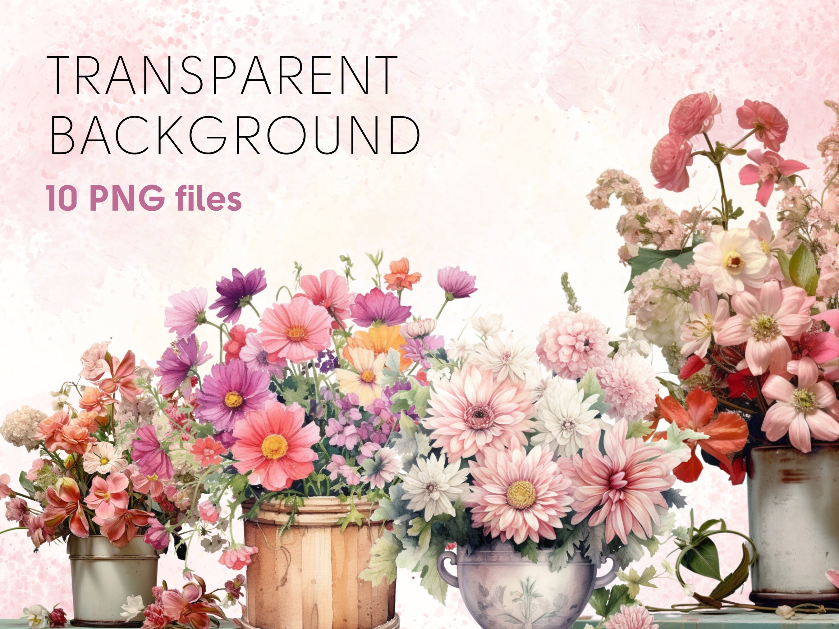 Watercolor PINK Flower Bucket Flowers in Vases Clipart Pack - Etsy