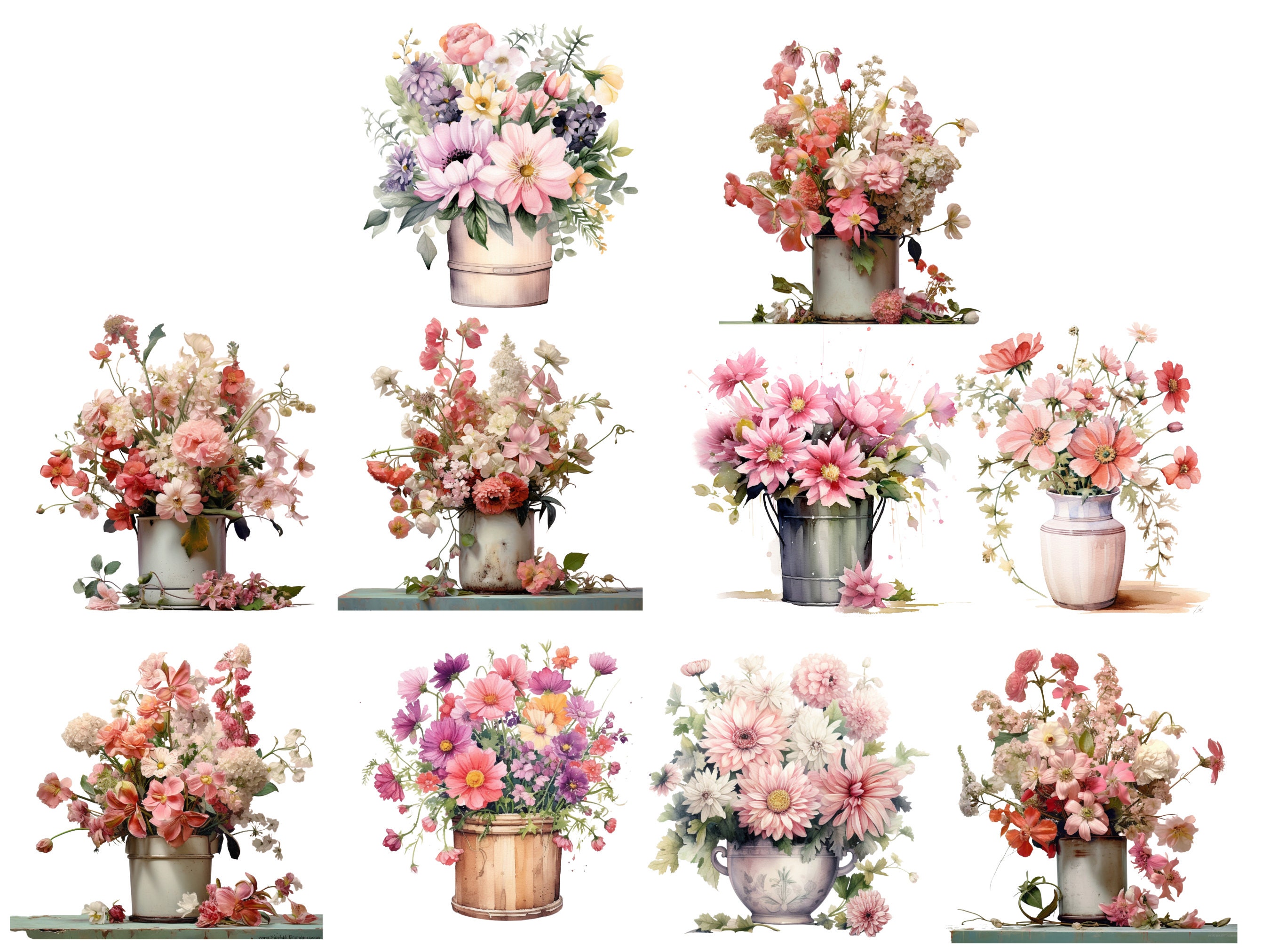 Watercolor PINK Flower Bucket Flowers in Vases Clipart Pack - Etsy