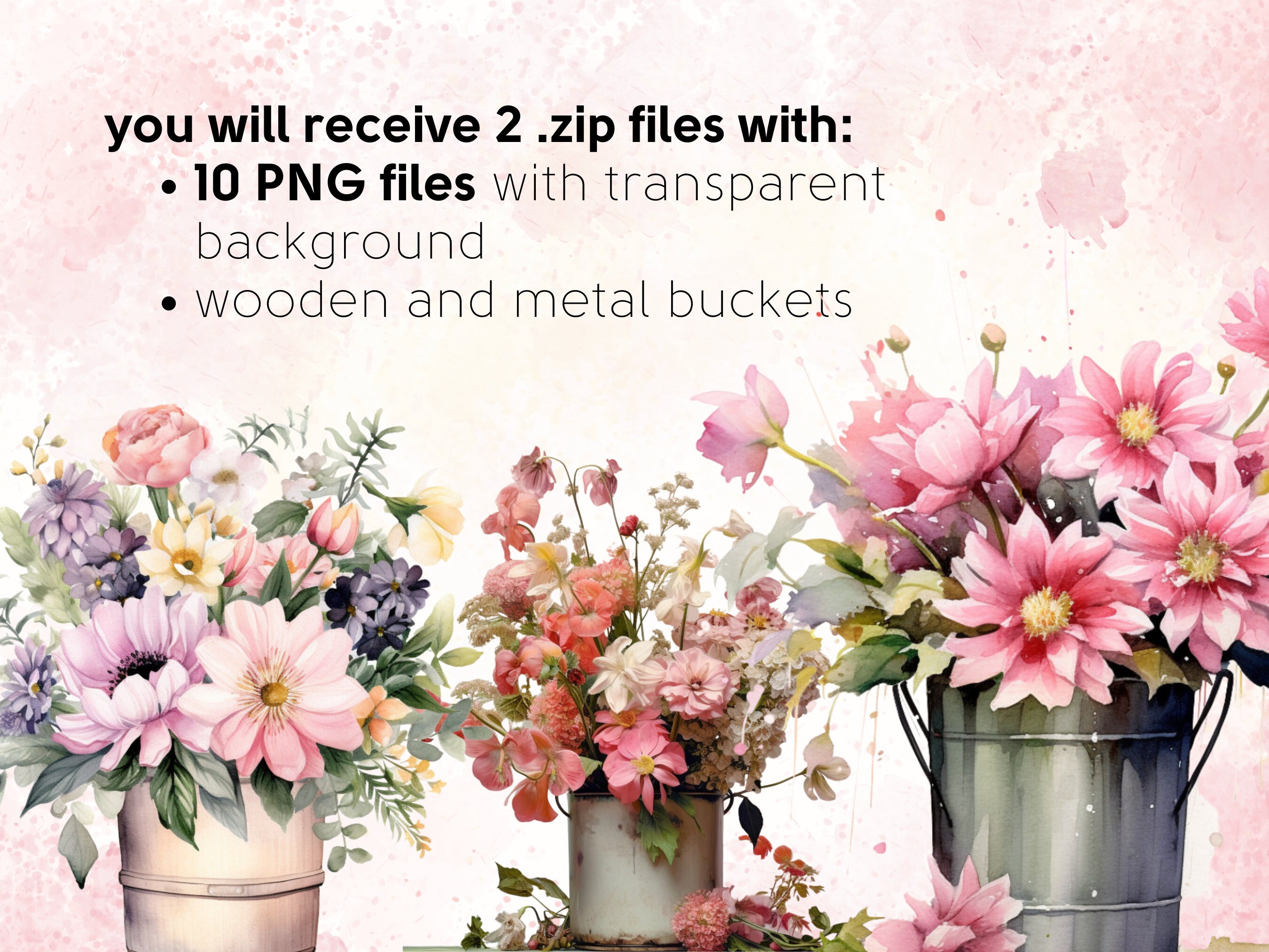 Watercolor PINK Flower Bucket Flowers in Vases Clipart Pack - Etsy
