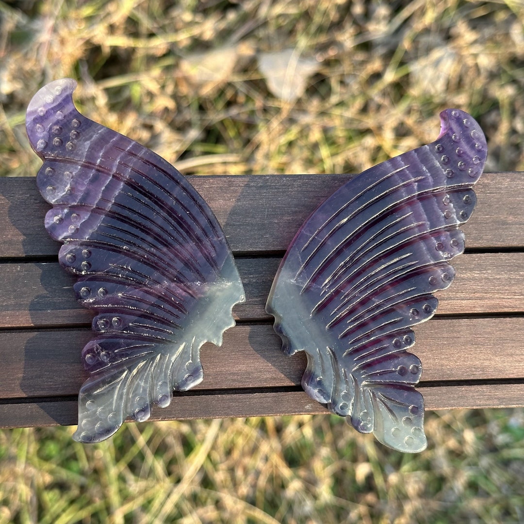 A Pair of Flourite Wingsattached Bracket,crystal Wings,hand Carved ...