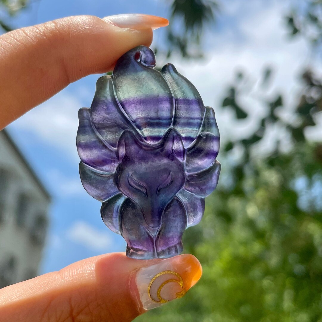 Natural Fluorite Nine-tailed Fox Pendant,crystal Fox,hand Carved,home ...