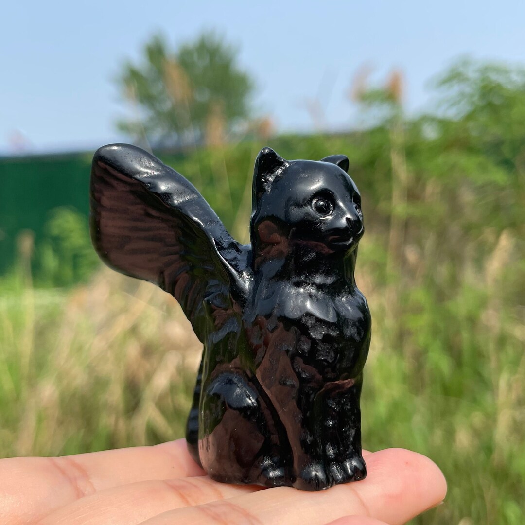 Natural Obsidian Cat Angel,flying Cat,hand Carved,wing Cathome ...