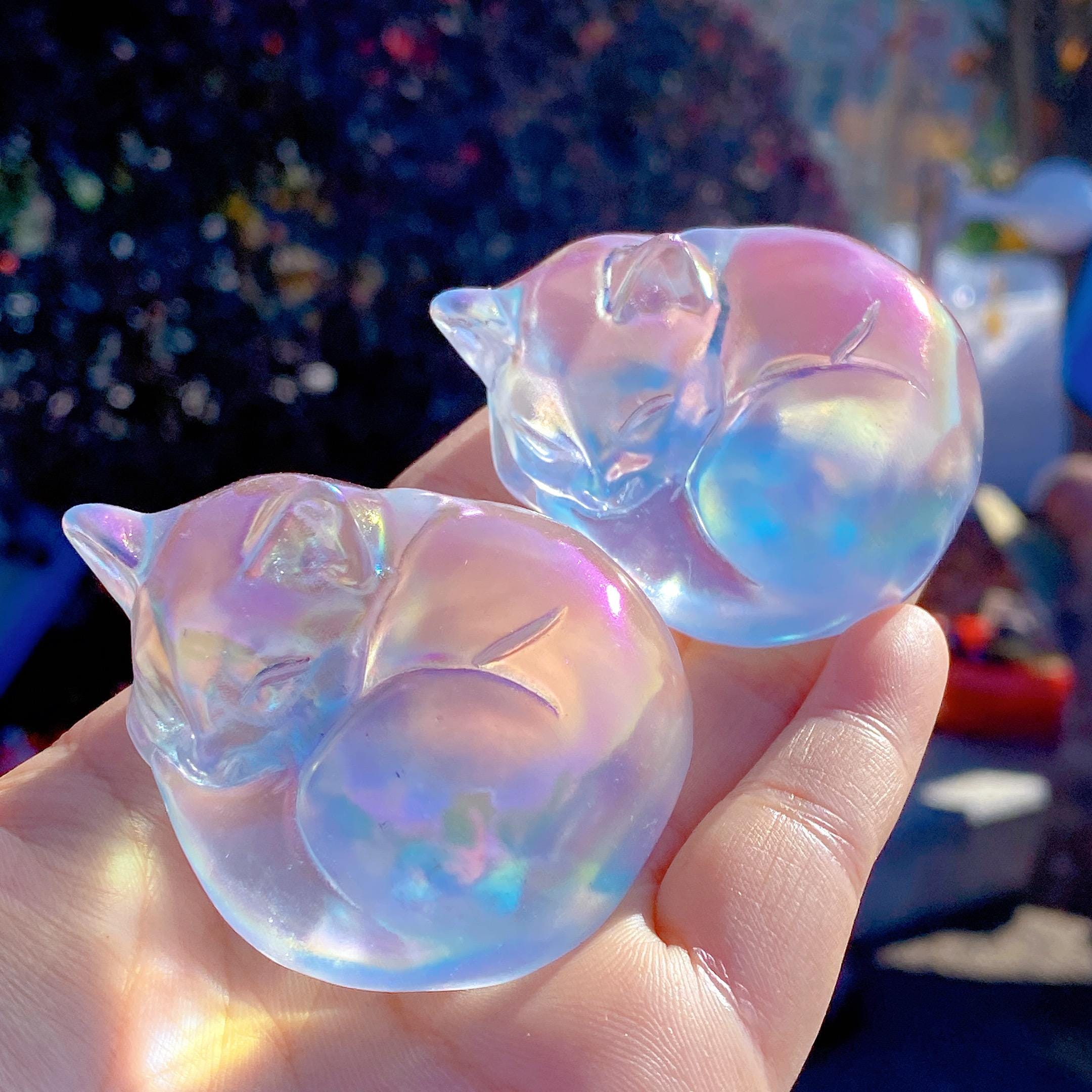 Rainbow Aura Crystal Sleeping Cat,titanium Rainbow Smelting Quartz Cat ...
