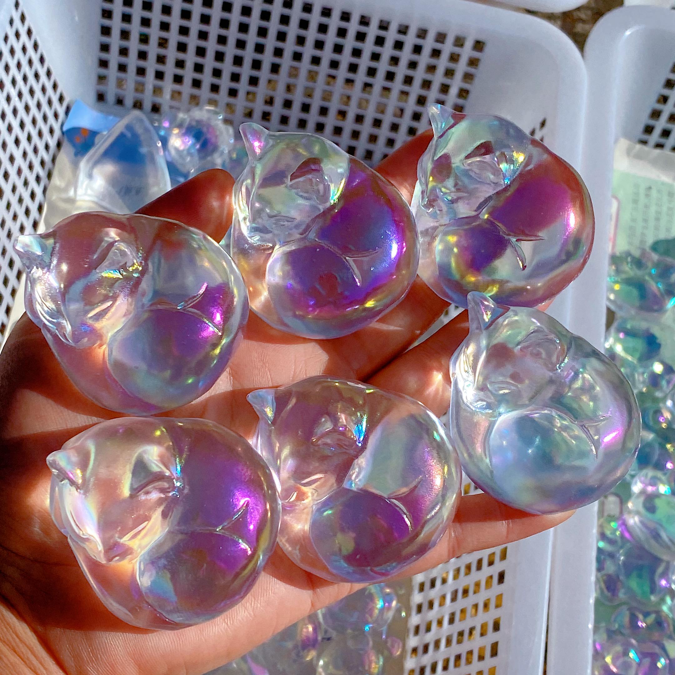 Rainbow Aura Crystal Sleeping Cat,titanium Rainbow Smelting Quartz Cat ...