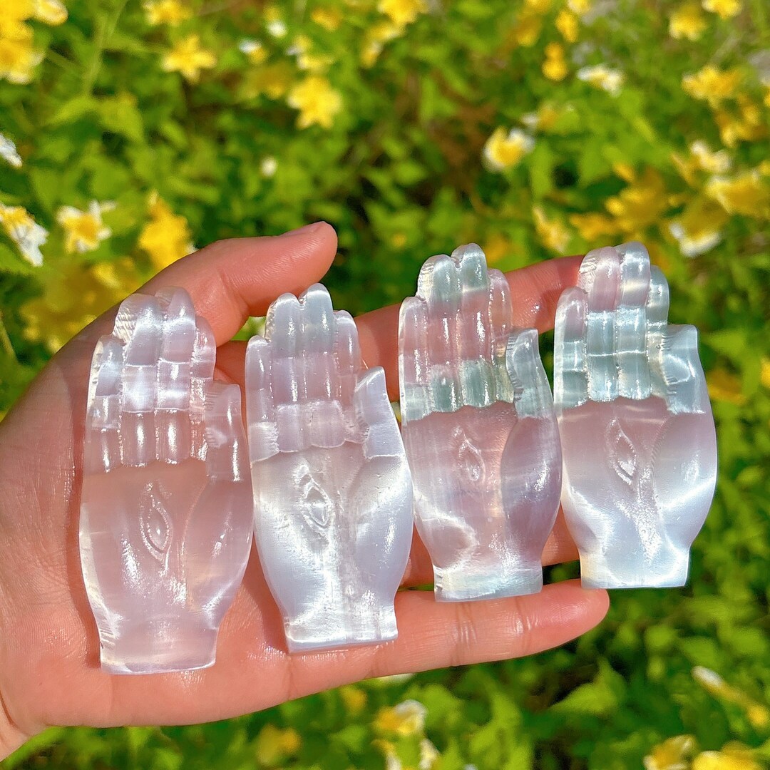 1PC Natural Selenite Crystal Energy Hand Palm,all-seeing Eye Carving ...