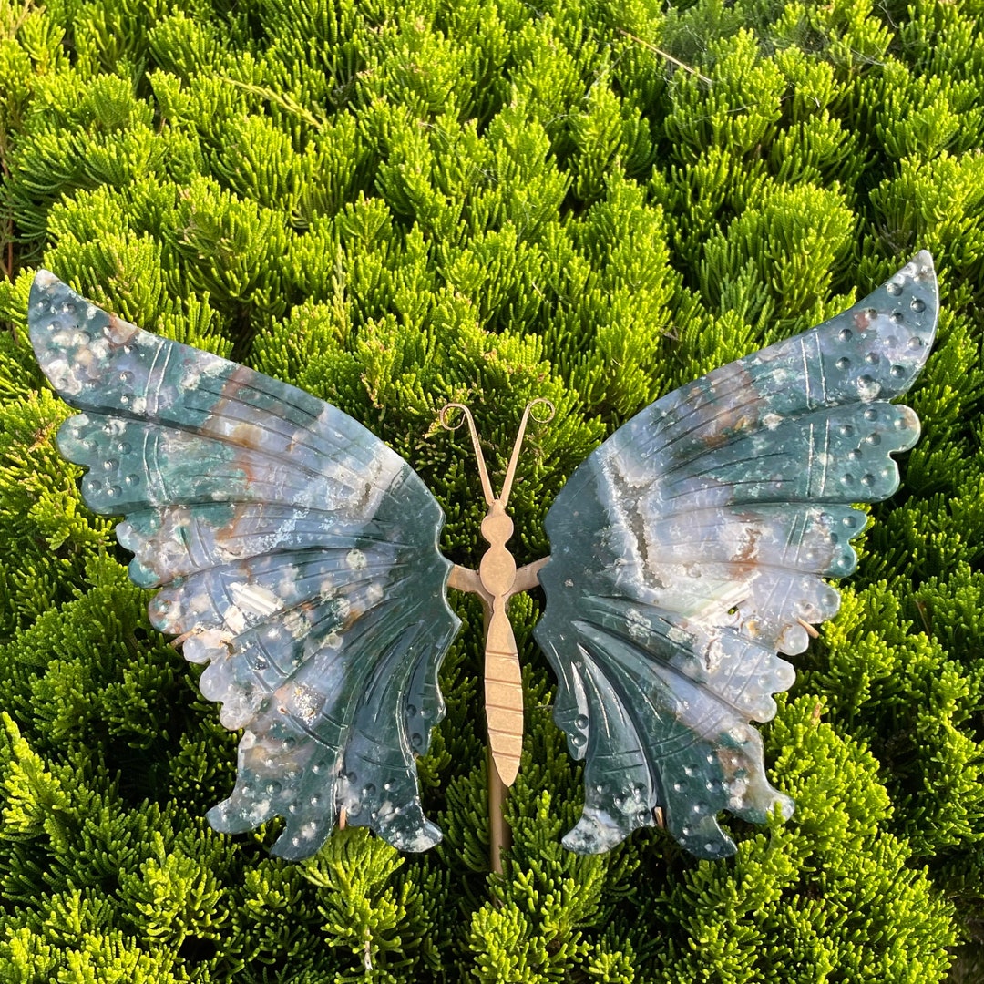 A Pair of Natural Moss Agate Butterfly Wings,crystal Wing,hand Carved ...