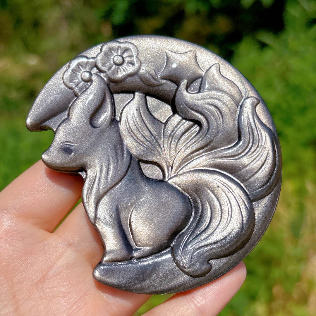 3.3" Natural Silver Obsidian Fox,quartz Crystal Moon Fox,crystal Nine ...
