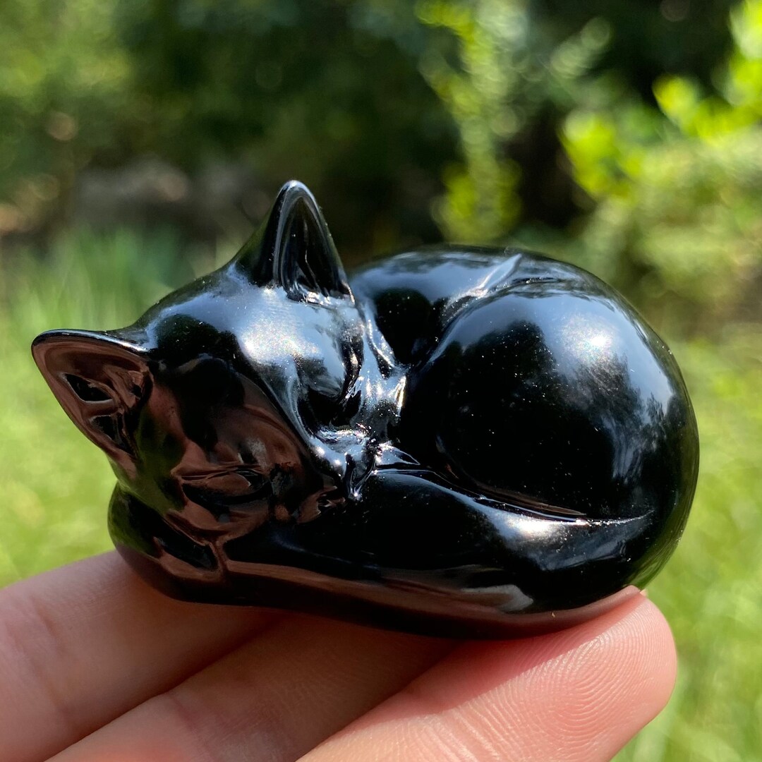 Obsidian Sleeping Cat,hand Carved,home Decoration,crystal Collection ...