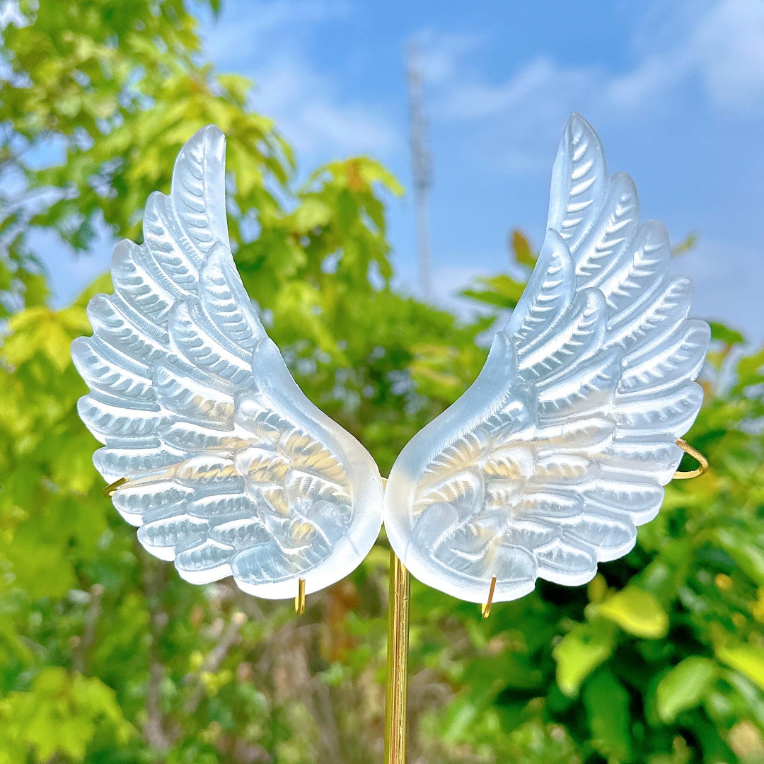 Satin Spar Selenite A Pair of Wings + Gold Stand,angel Wing,hand Carved ...