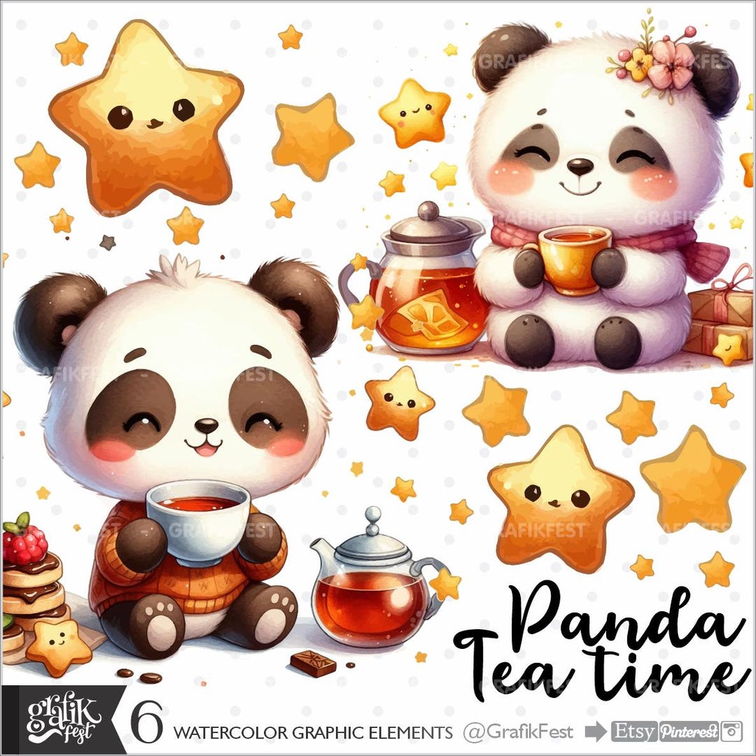 Panda Clipart, Tea Time, Tea Clipart, Watercolor, Tea Party, Beverage ...
