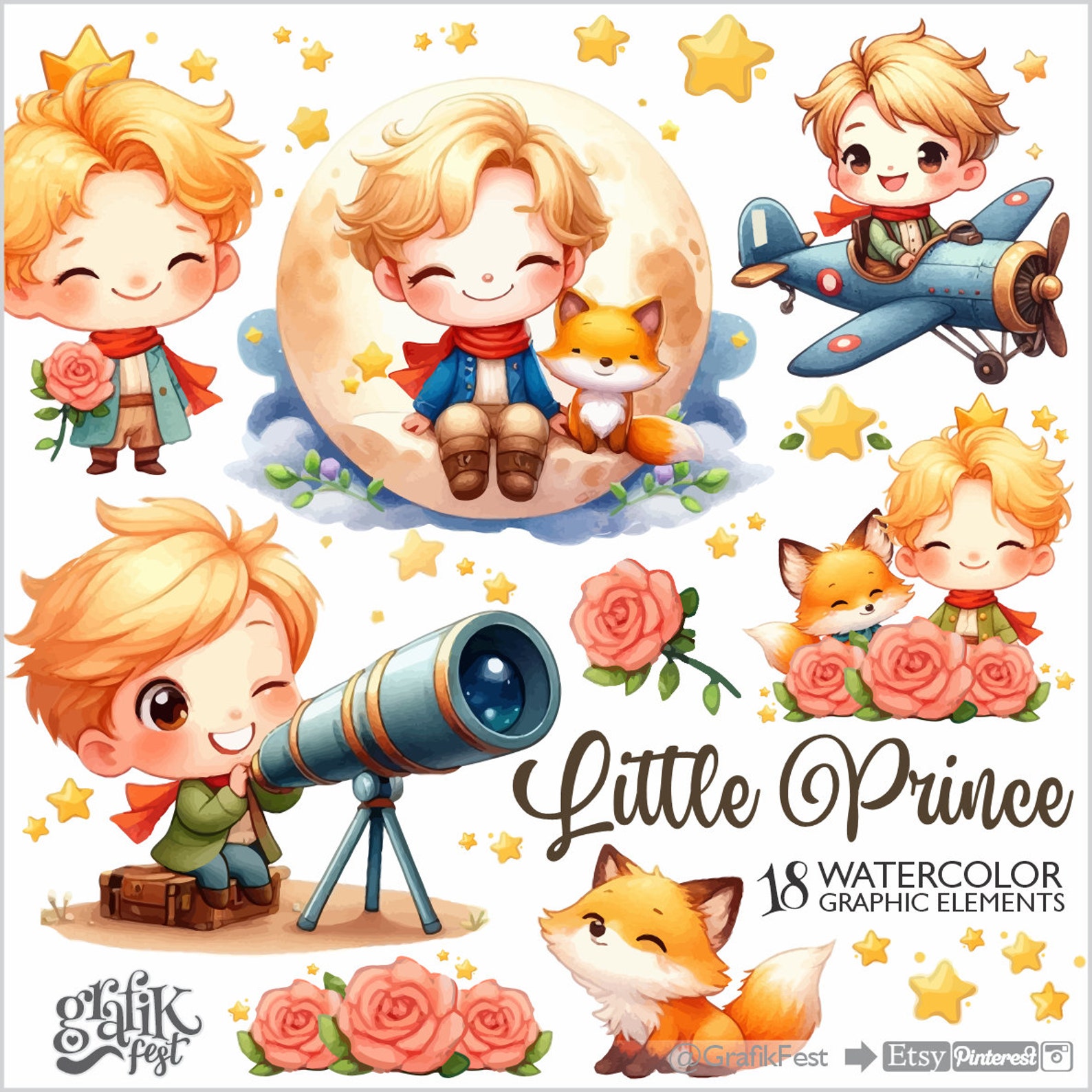 Little Prince, Cliparts, Little Pilot, Watercolor, Illustrations, El ...