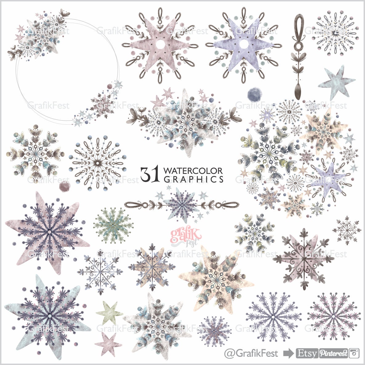 Watercolor Snow Flake Clipart, Winter Clipart, COMMERCIAL USE ...