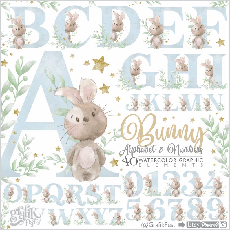 Bunny Alphabet Watercolor Alphabet Clipart Number - Etsy