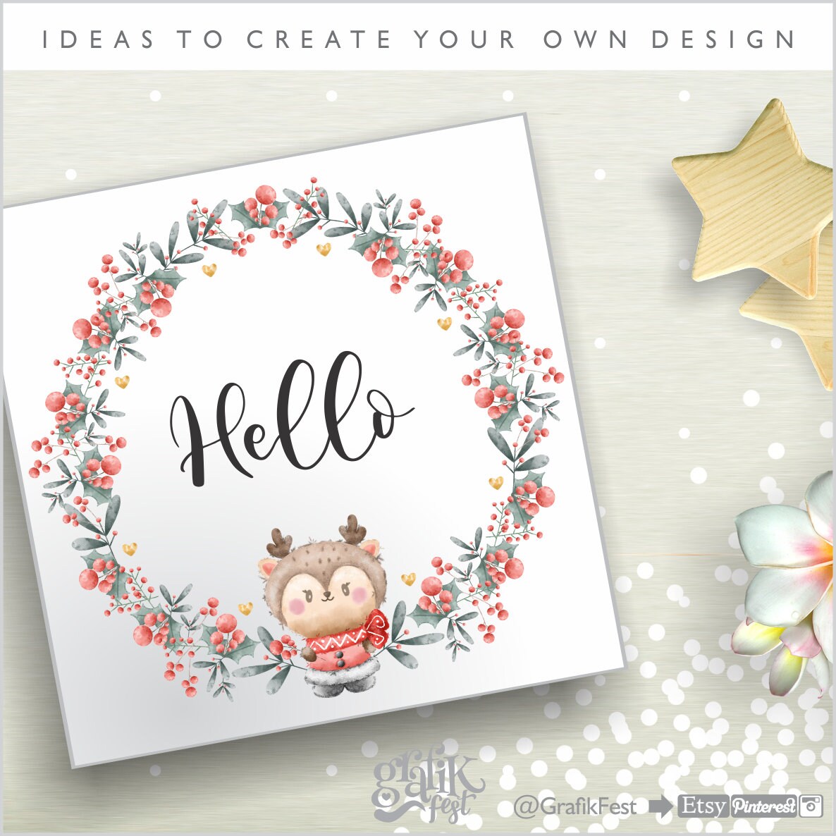 Christmas Wreath, Deer Clipart, Wreath Watercolor, Wreath Graphic ...