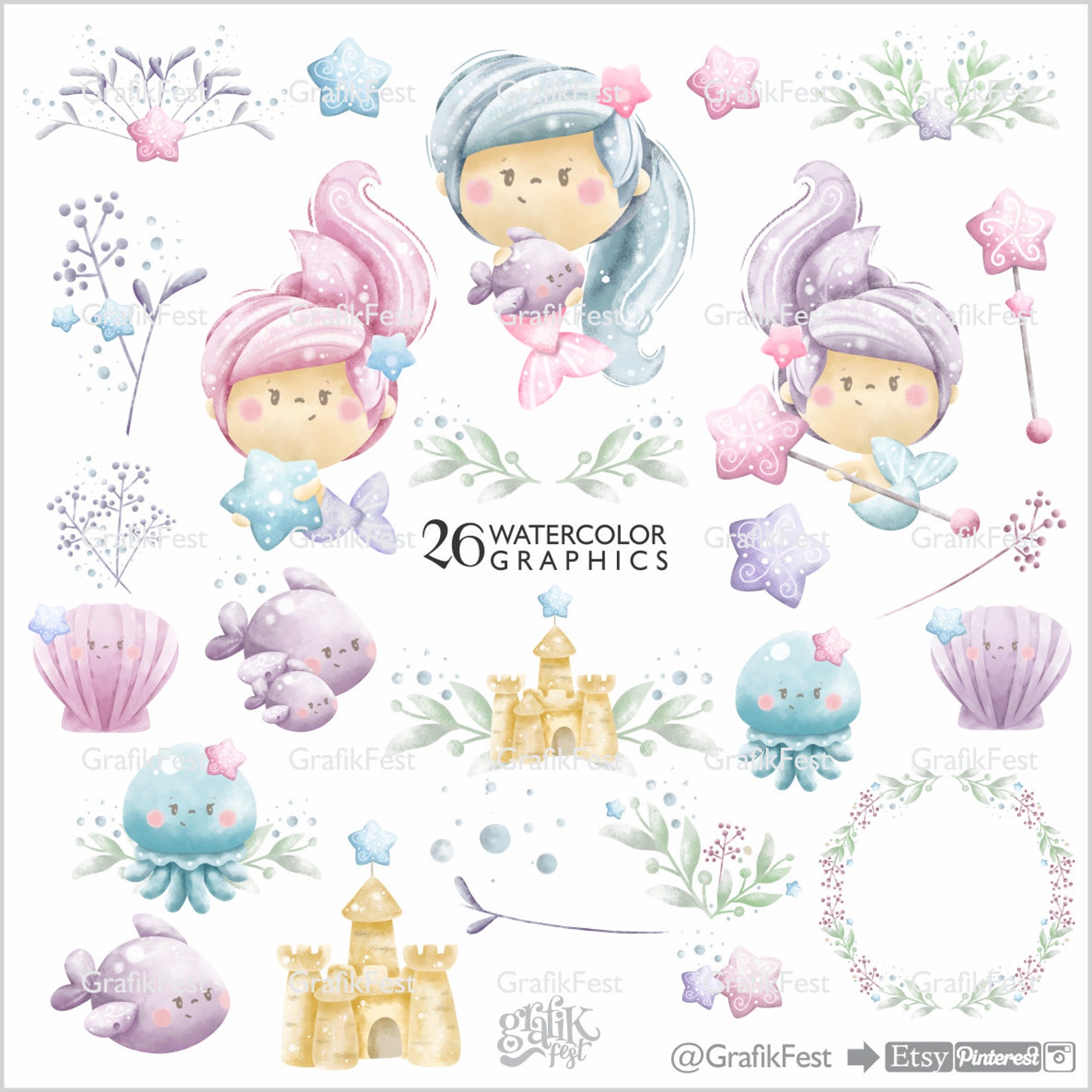 Mermaid Clipart Mermaid Graphics Ocean Clipart Mermaid - Etsy