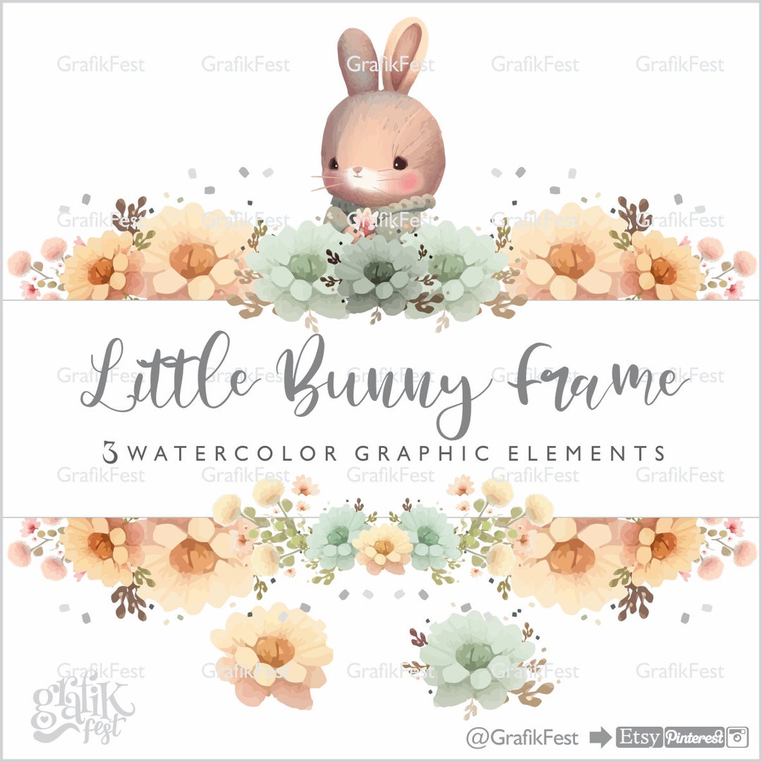 Bunny Frame, Floral Frame, Greenery Frame, Invite Card, Digital Rabbit ...