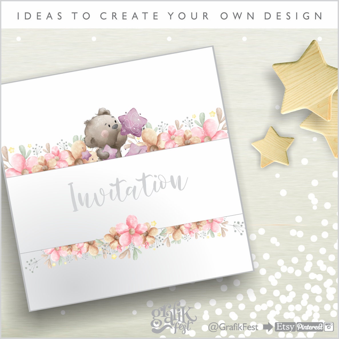 Bear Frame, Floral Frame, Greenery Frame, Invite Card, Digital Bear ...
