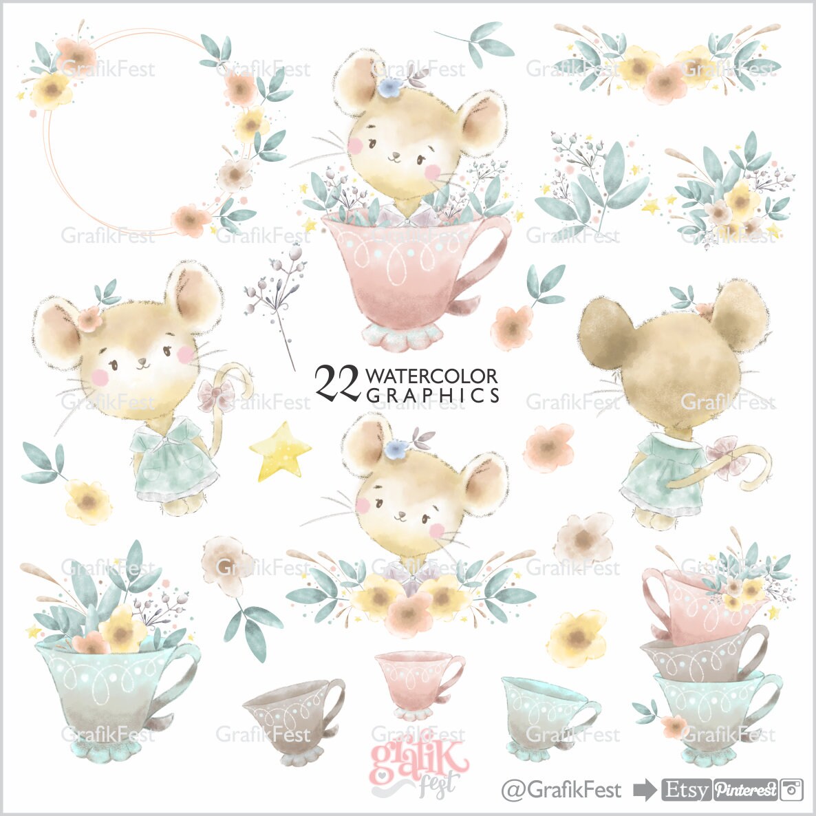 Mice Clipart Spring Clipart Watercolor Clipart Flower - Etsy Canada