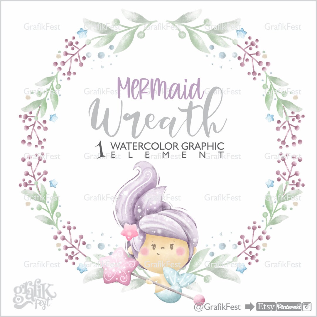 Mermaid Clipart, Mermaid Wreath, Wreath Watercolor, Under the Sea ...