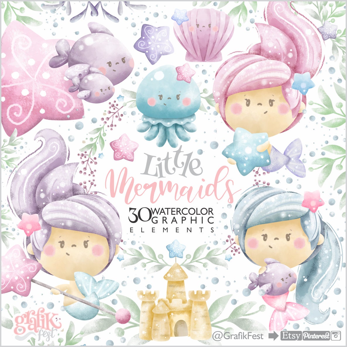 Mermaid Clipart Mermaid Graphics Ocean Clipart Mermaid - Etsy