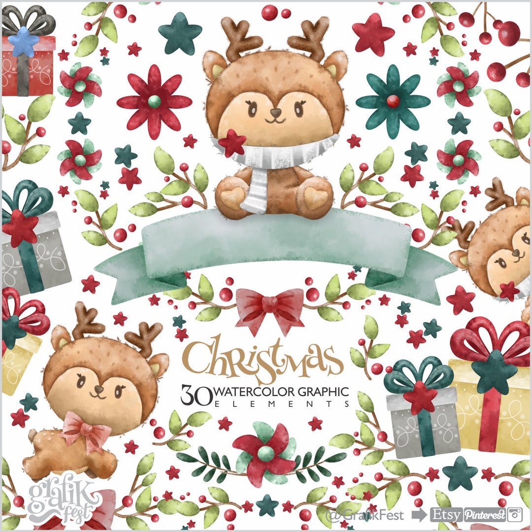 Christmas Clipart, Christmas Watercolor, Reindeer Clipart, Deer Clipart ...