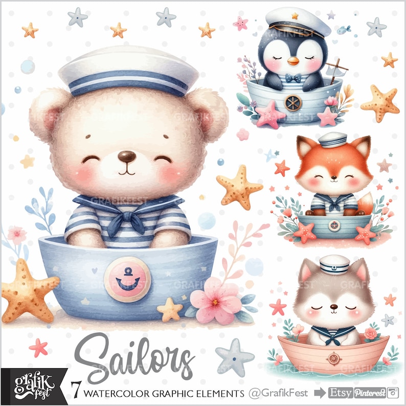 Sailor Clipart, Watercolor, Sailor Baby, Animal Sailor, Ocean Clipart ...