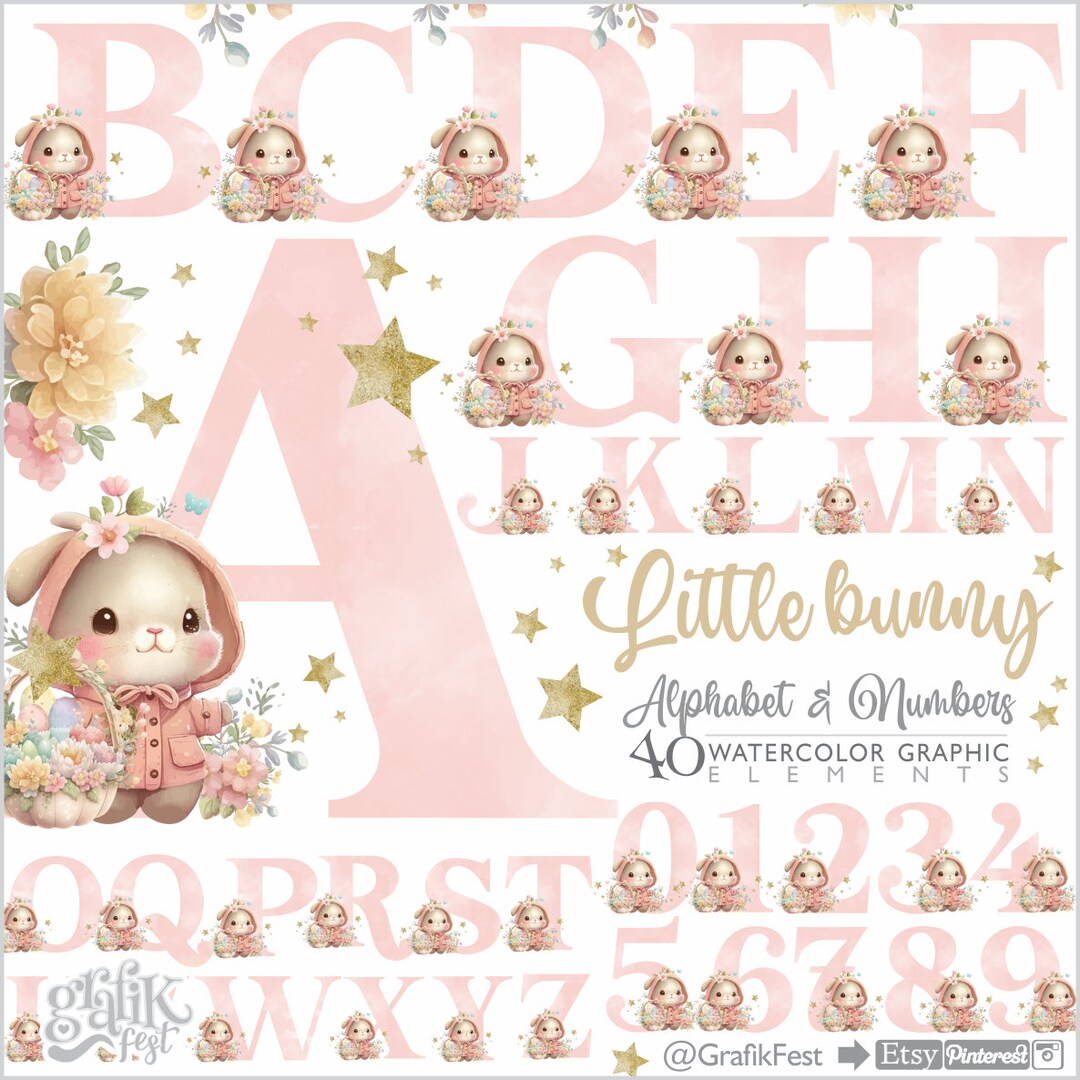 Bunny Alphabet, Rabbit Alphabet, Watercolor, Alphabet Clipart, Number ...