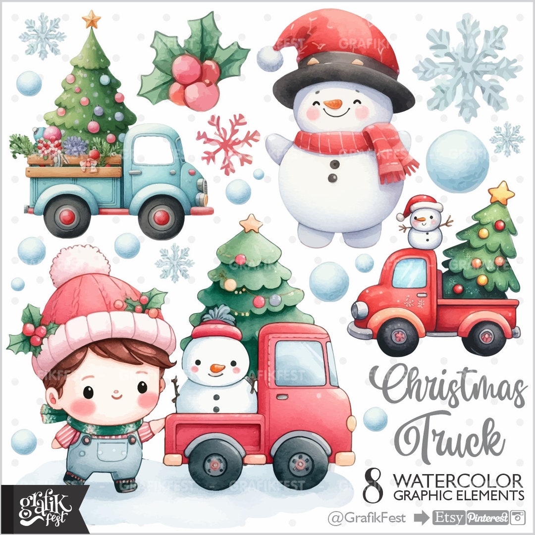 Christmas Truck, Clipart, Watercolor, Holiday Clipart, Snowman Clipart ...
