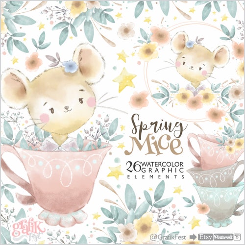 Mice Clipart Spring Clipart Watercolor Clipart Flower - Etsy