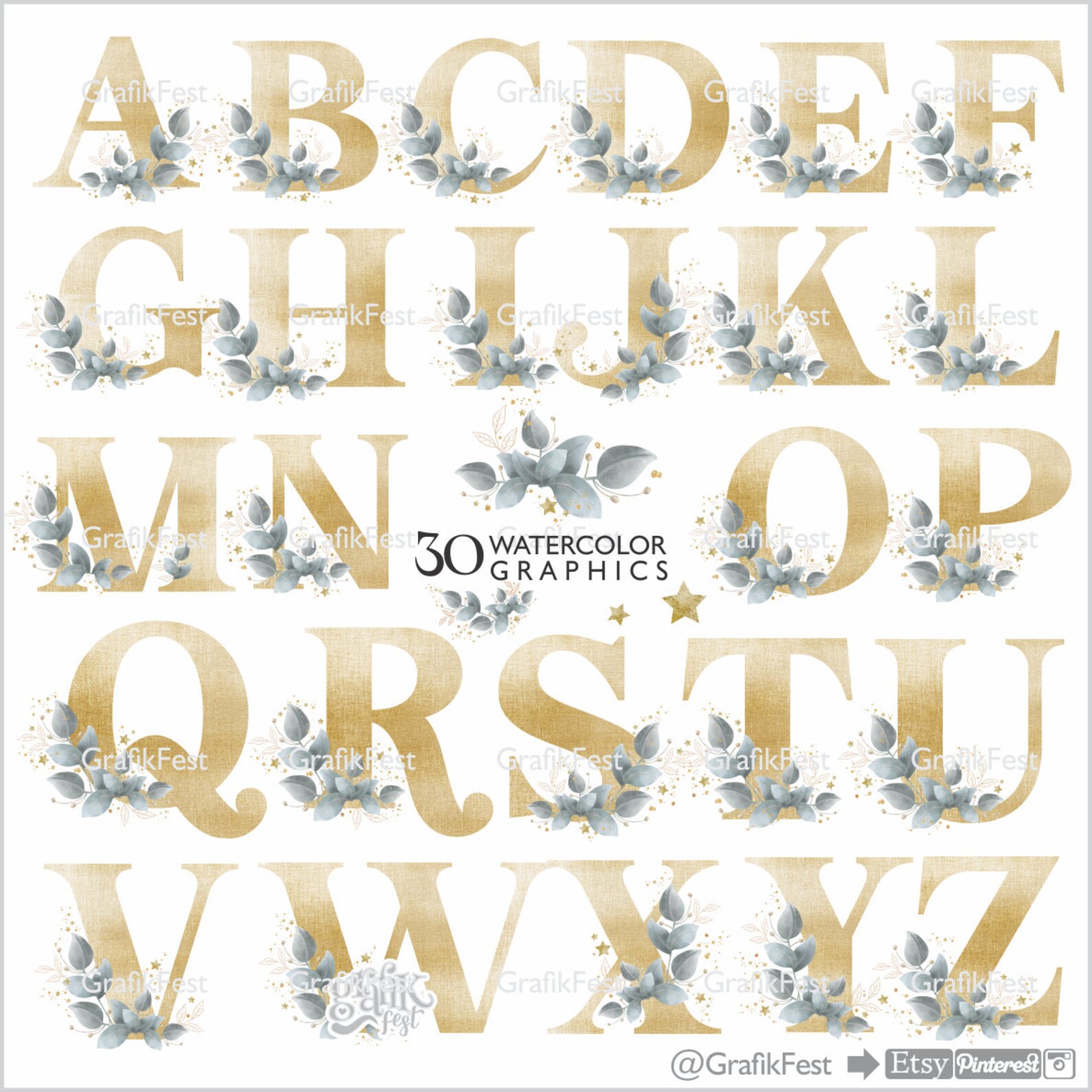 Alphabet Watercolor, Eucalyptus Alphabet, Alphabet Foliage, Golden ...