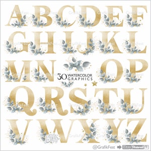 Alphabet Watercolor, Eucalyptus Alphabet, Alphabet Foliage, Golden ...