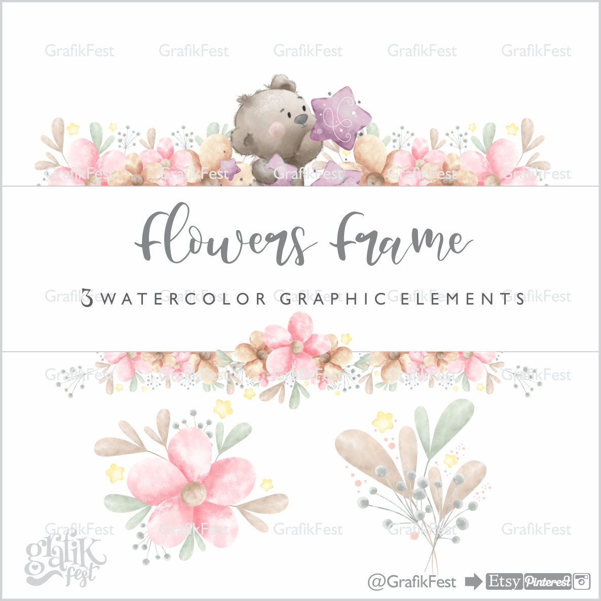 Bear Frame, Floral Frame, Greenery Frame, Invite Card, Digital Bear ...