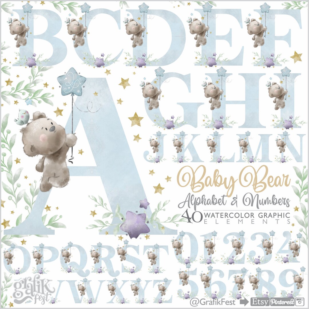 Bear Alphabet, Watercolor, Alphabet Clipart, Number Watercolor ...