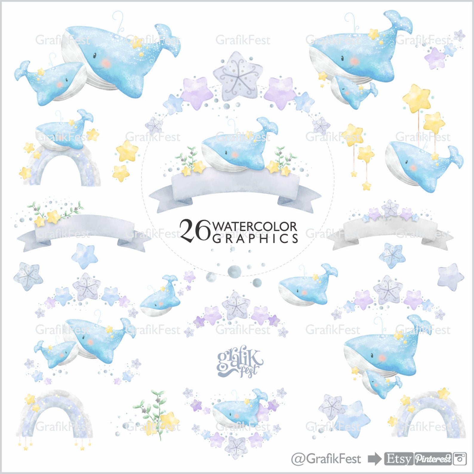 Whales Watercolor Watercolor Clipart Whales Clipart Nursery - Etsy