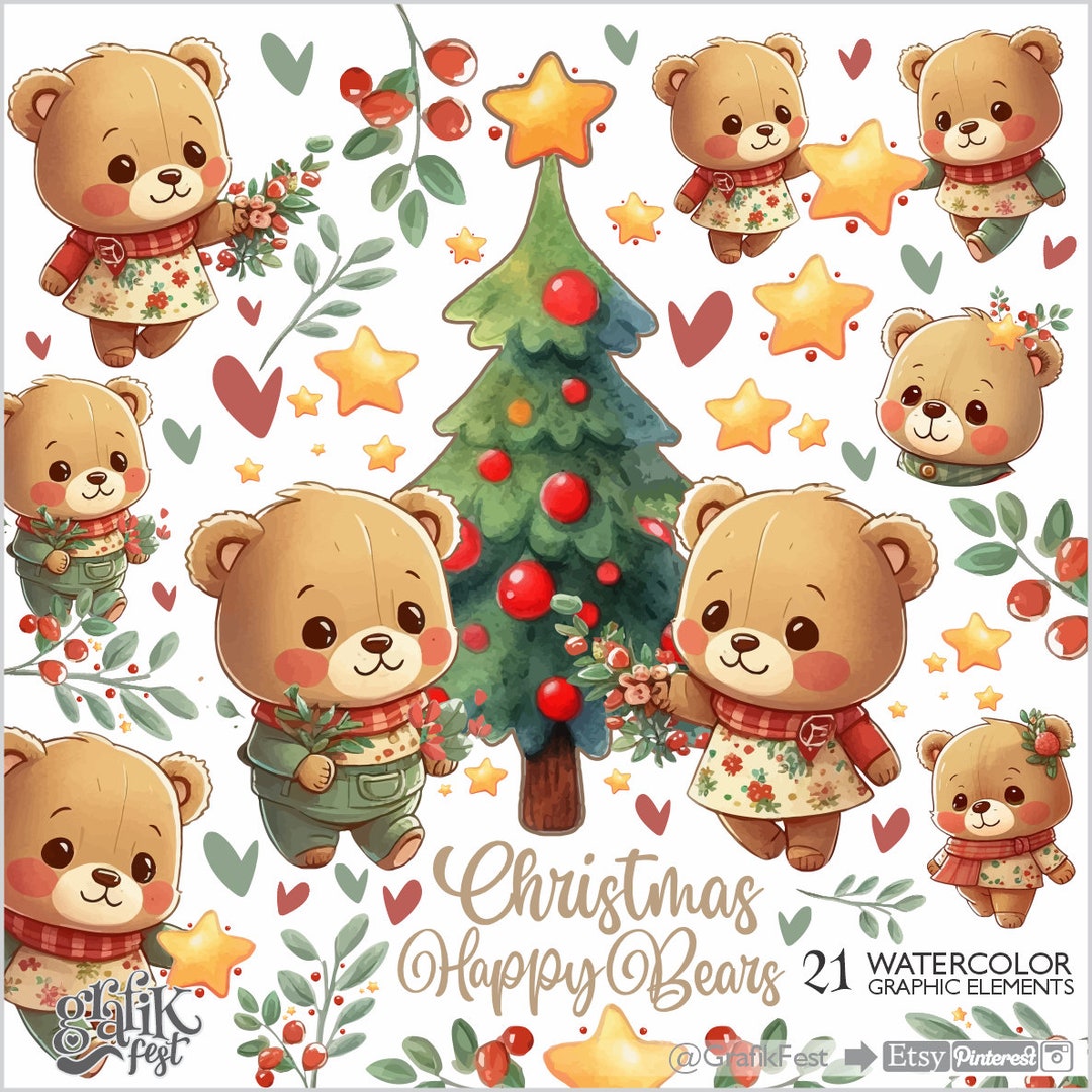 Christmas Bear, Christmas Clipart, Watercolor Clipart, Christmas ...