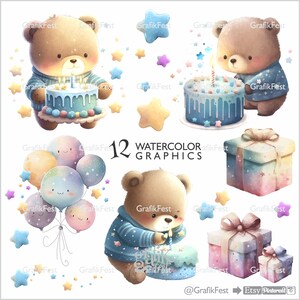 Birthday Clipart, Celebration Clipart, Watercolor, Bear Graphic ...