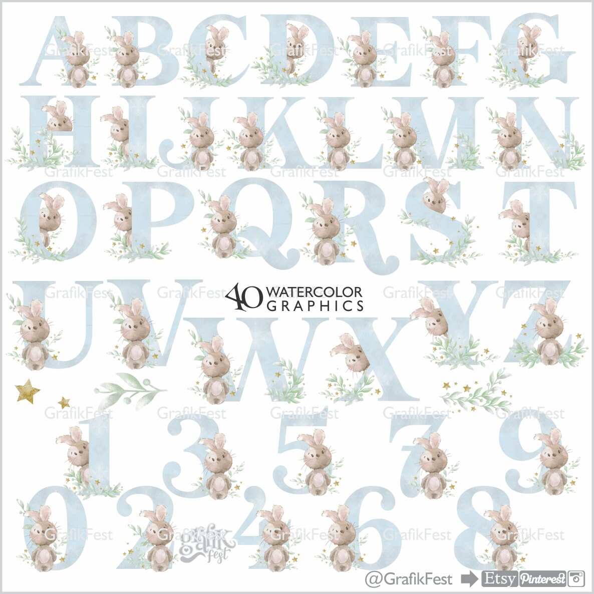 Bunny Alphabet Watercolor Alphabet Clipart Number - Etsy